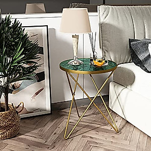 Modern Round Side Table, End Table with Marble Effect Top and Gold Metal Frame, Small Side Table for Living Room, Bedroom, Sofa and Couch, Gold Legs, Green Marble top