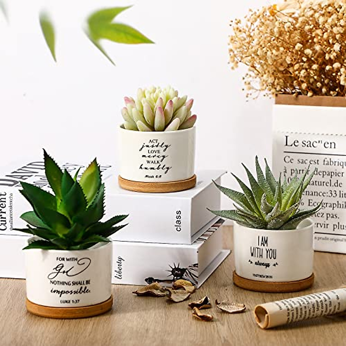Sieral 6 Pieces Bible Verse Succulent Pots White Ceramic Flower Planter Pot with Bamboo Tray Small Plant Pots Christian Mini Succulent Planters for Patio Garden, 3 x 3 x 2 Inches, Plants Not Included