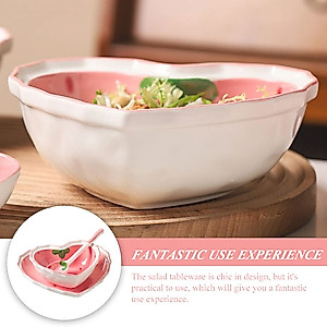 Angoily Ceramic Dessert Bowls Plate: 1 Set Love Heart Shaped Strawberry Salad Bowl with Spoon Porcelain Mixing Bowls for Soup Pasta Dessert Cereal Snack Rice Noodles Ice Cream