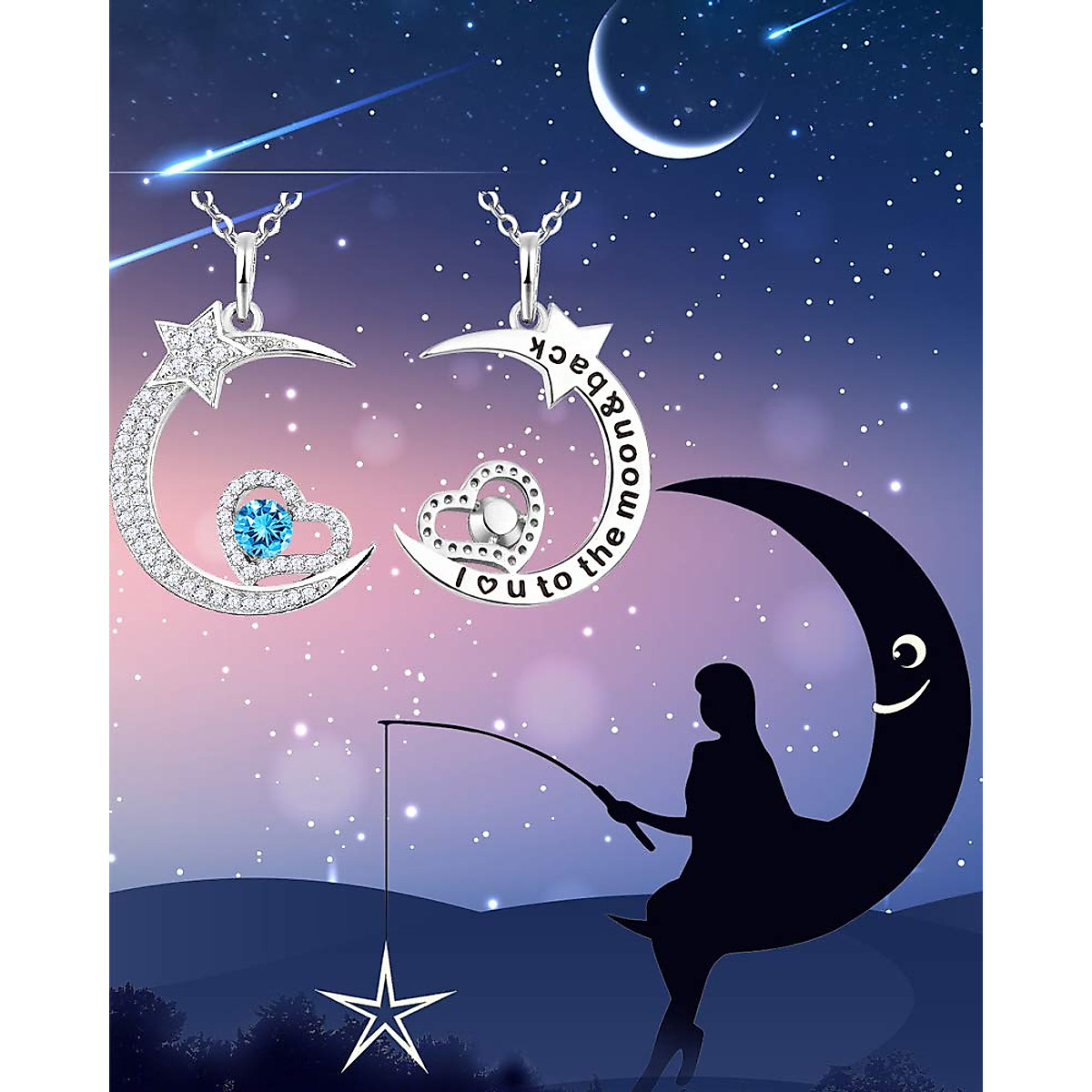 March Birthstone Aquamarine Necklace Wife Birthday Gifts Sterling Silver I Love You to the Moon and Back Half Moon Jewelry