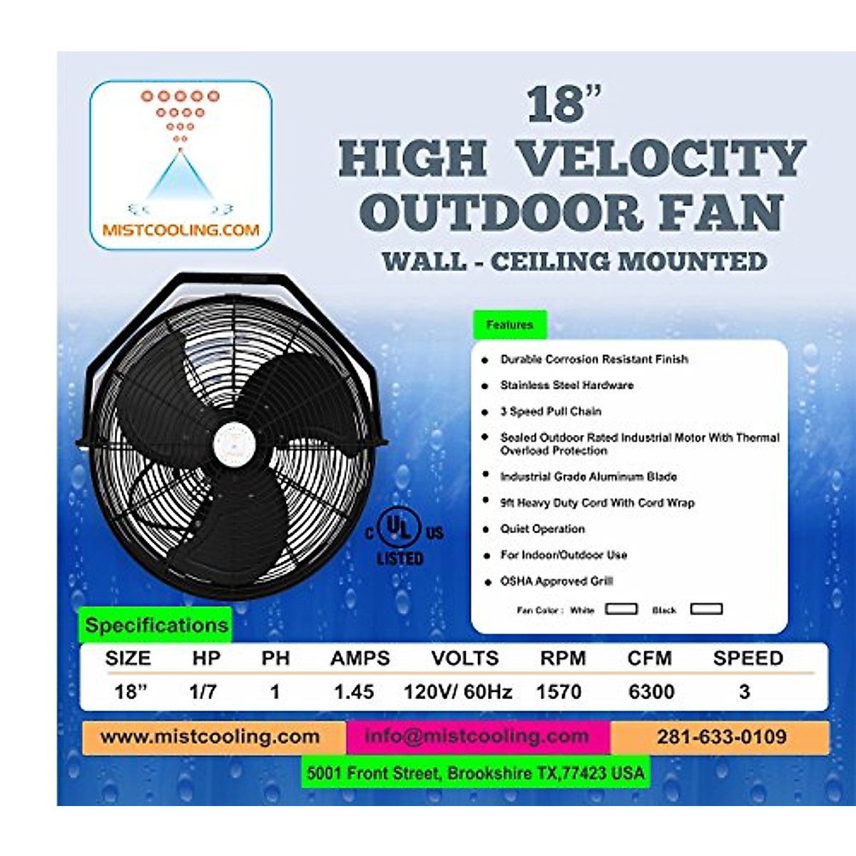 Misting Fan - Patio Mist Fan - Outdoor Mist Fan - For Residential, Commercial, Restaurant and Industrial Misting Application (18 Inch Black Fan)