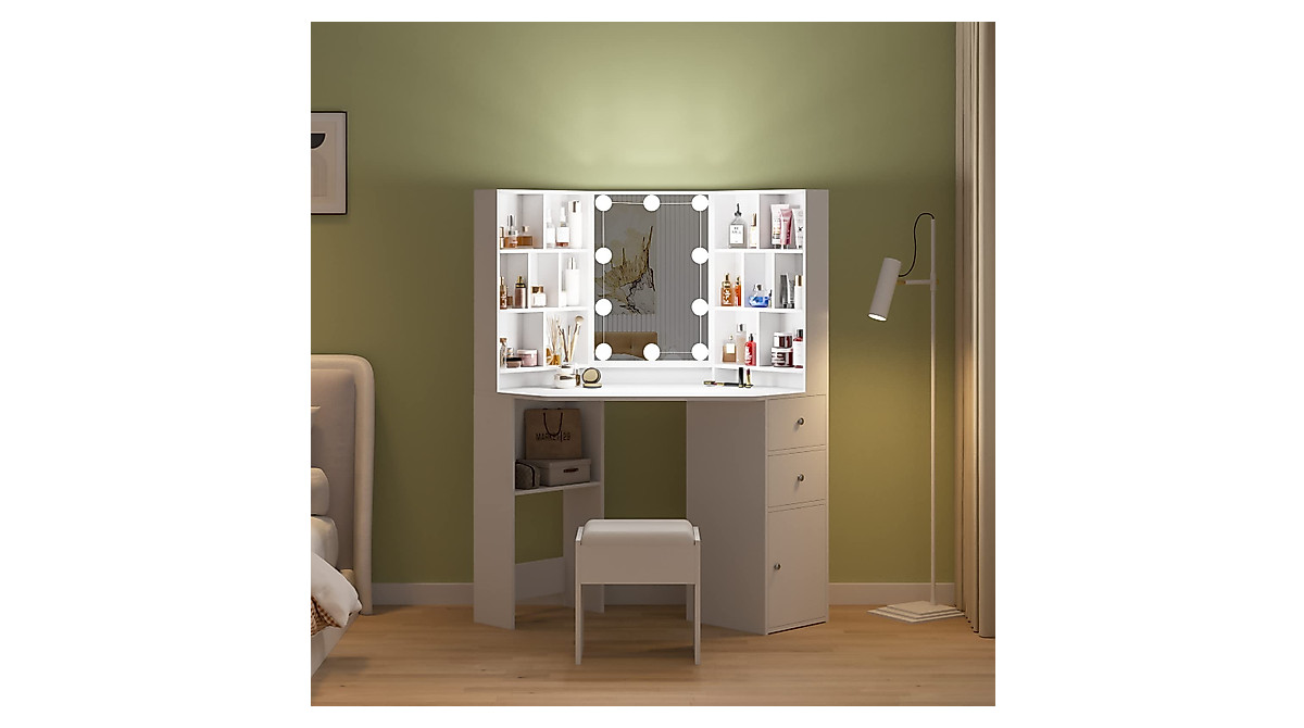 Fameill Corner Makeup Vanity Desk with Lighted Mirror
