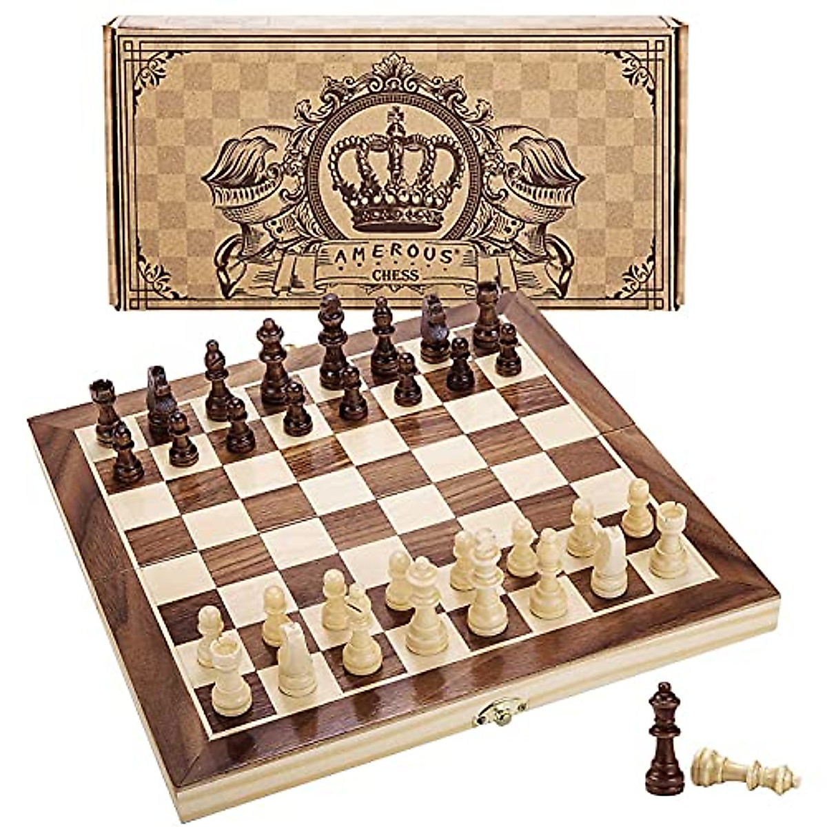 AMEROUS 12" x 12" Magnetic Wooden Chess Set for Adults and Kids, 2 Bonus Extra Queens, Folding Board with Storage Slots, Handmade Chess Pieces, Portable Travel Chess Board Game Sets, Gift Packed Box