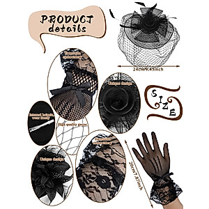 JenPen 4 Pcs Fascinator Hat for Women Tea Party Headwear Feathers Veil Mesh Headband Floral Short Lace Gloves 20s 50s Costume Accessories for Wedding Black