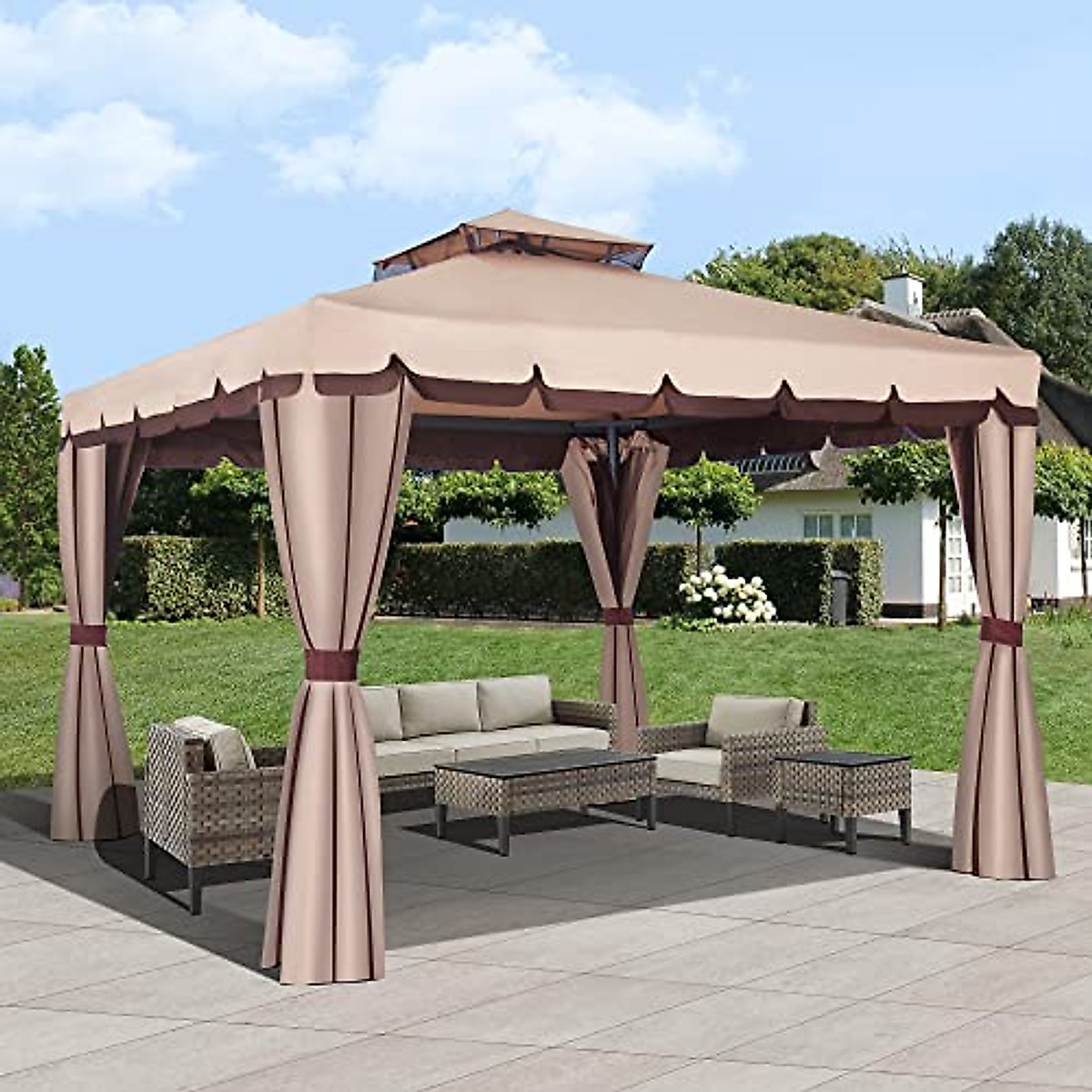 Funny Sunny 10×13FT Outdoor Vented Top Gazebo - Patio Gazebo with Double Roof, Heavy Duty Gazebo with Breathable Netting & Fully Enclosed Zip Curtain for Garden, Porch, Poolside, Yard, Lawn