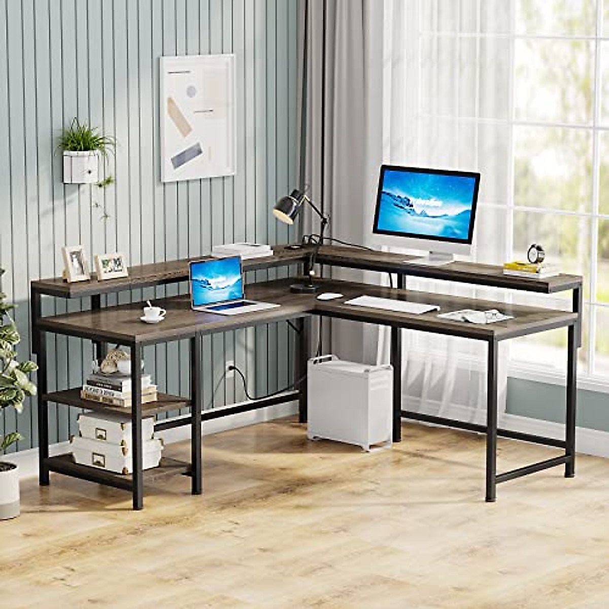 Tribesigns L Shaped Desk with Power Outlets, Reversible Corner Computer Desk with Monitor Stand and Storage Shelves, Home Office Gaming L Desk with USB Port, Gray …