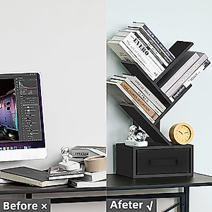 SHEEPAM Small Book Shelf with Drawer,4 Tier Black Tree Bookshelf,Wooden Desktop Bookcase,Modern Desk Display Storage Bookshelves,Floor Standing Organizer Bookcases for Living Room,Bedroom,Office