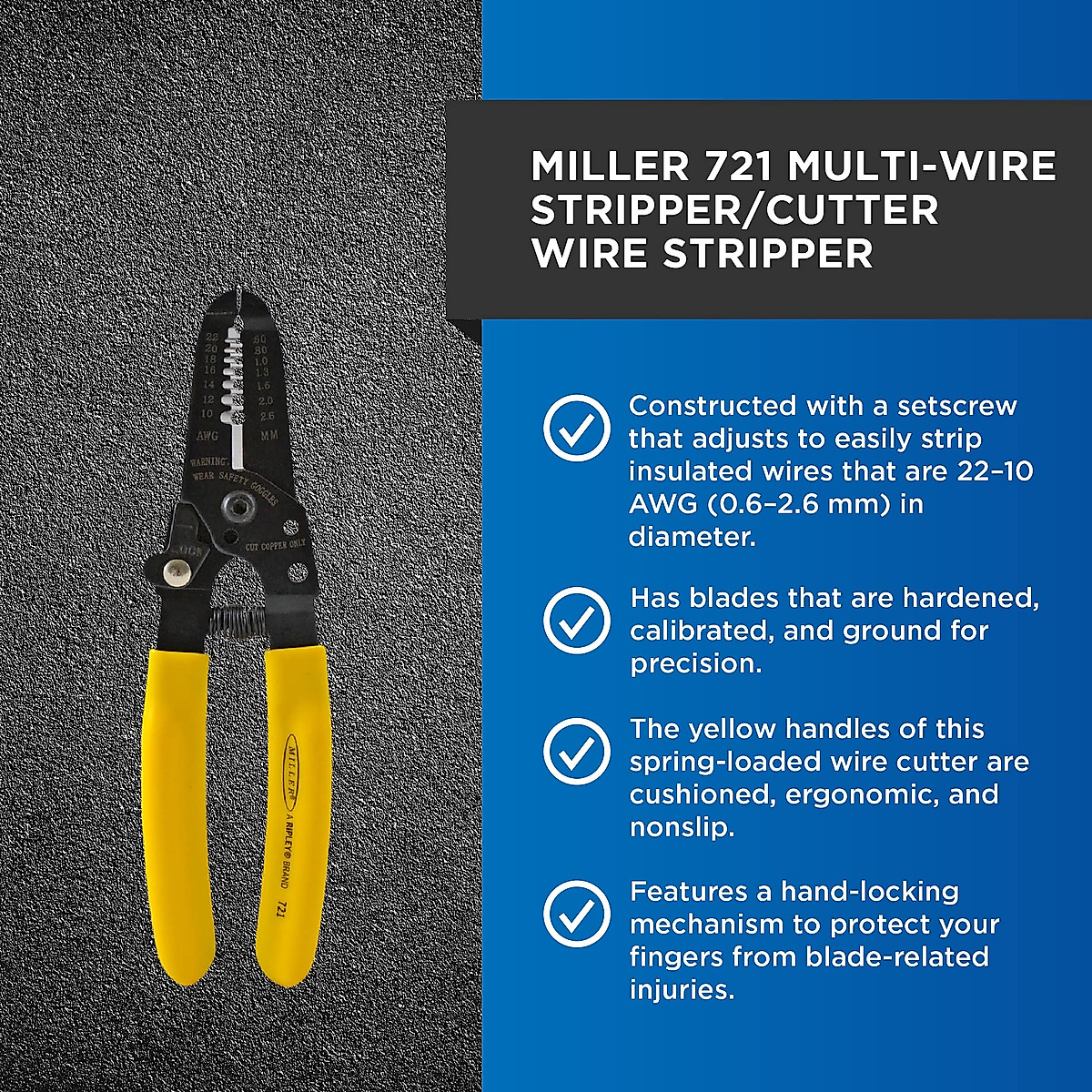 Miller 721 Multiwire Stripper and Cutter for Professional Technicians, Electricians, and Installers, Easily Portable Tool, 3.8 Ounces