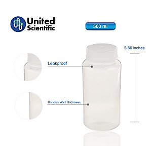 United Scientific® Unistore™ 33309 - Sample Containers with Lids - Laboratory Grade Polypropylene Wide Mouth Reagent Bottle - 16 Oz Bottles (500ml) Multi-Purpose Plastic Bottles with Lids, Pack of 12