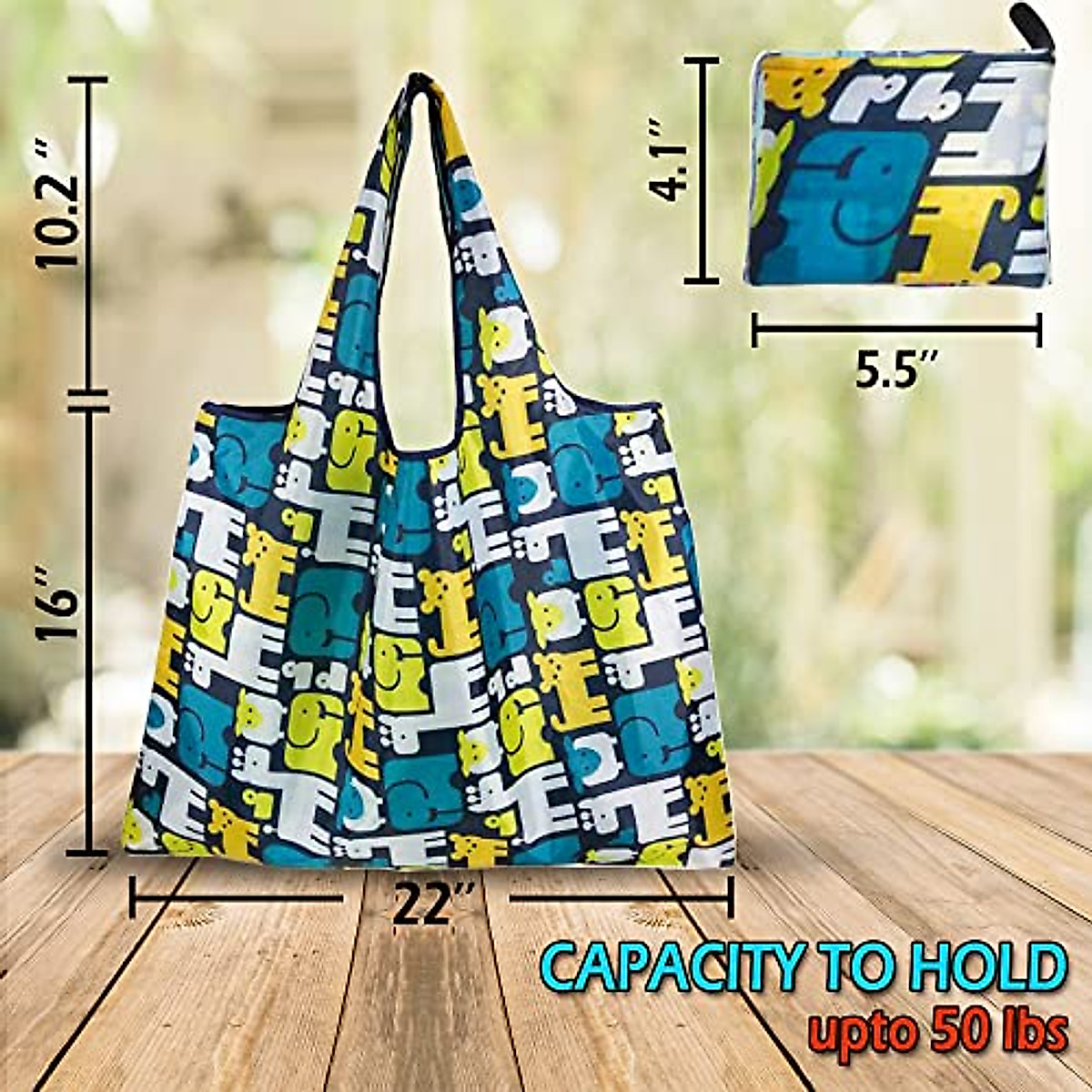 6 Pack Reusable Grocery Shopping Tote Foldable Bags with Pouch, Large Capacity, Durable, Washable, Heavy Duty Lightweight, Eco-Friendly, Waterproof, Geometry Animal Floral Design also for Travel, Gift (Animal Style)