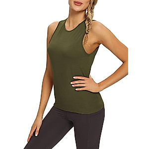 Mippo Open Back Workout Tops Yoga Athletic Shirts Tennis Muscle Tank Workout Tank Tops for Women Loose Fit Army Green M