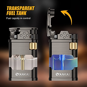 Torch Lighter with LED Light,FANKAI Butane Lighter Single Jet Flame-Butane Torch Lighter with 6PCS Replaceable Flints,Refillable Cool Lighters with ABS Fuel Tank,Retro Grinding Wheel Windproof Lighter