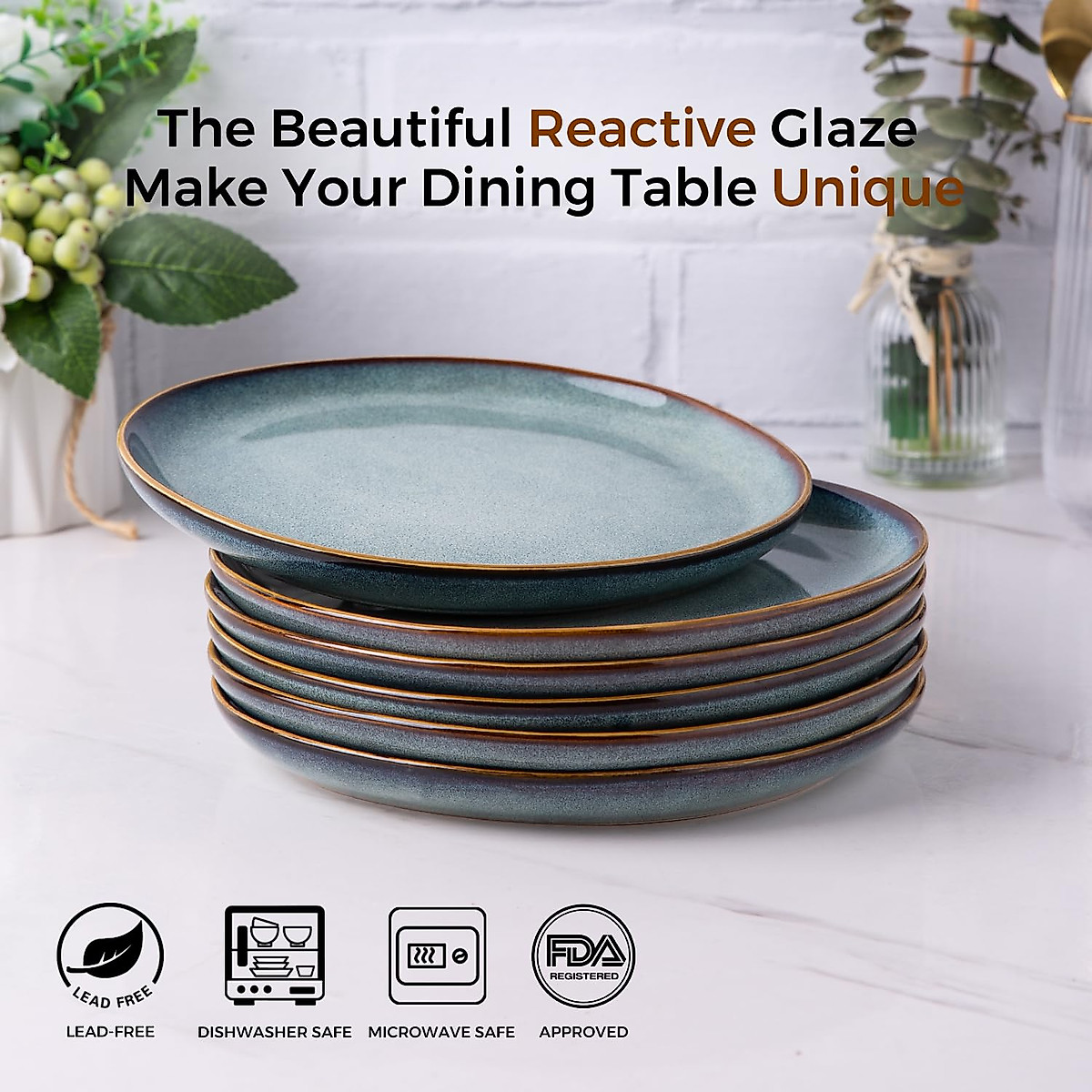 AmorArc Ceramic Dinner Plates Set of 6, 10.5 Inch Handmade Reactive Glaze Stoneware Plates, Rustic Shape Dinnerware Dish Set for Kitchen, Microwave & Dishwasher Safe, Scratch Resistant