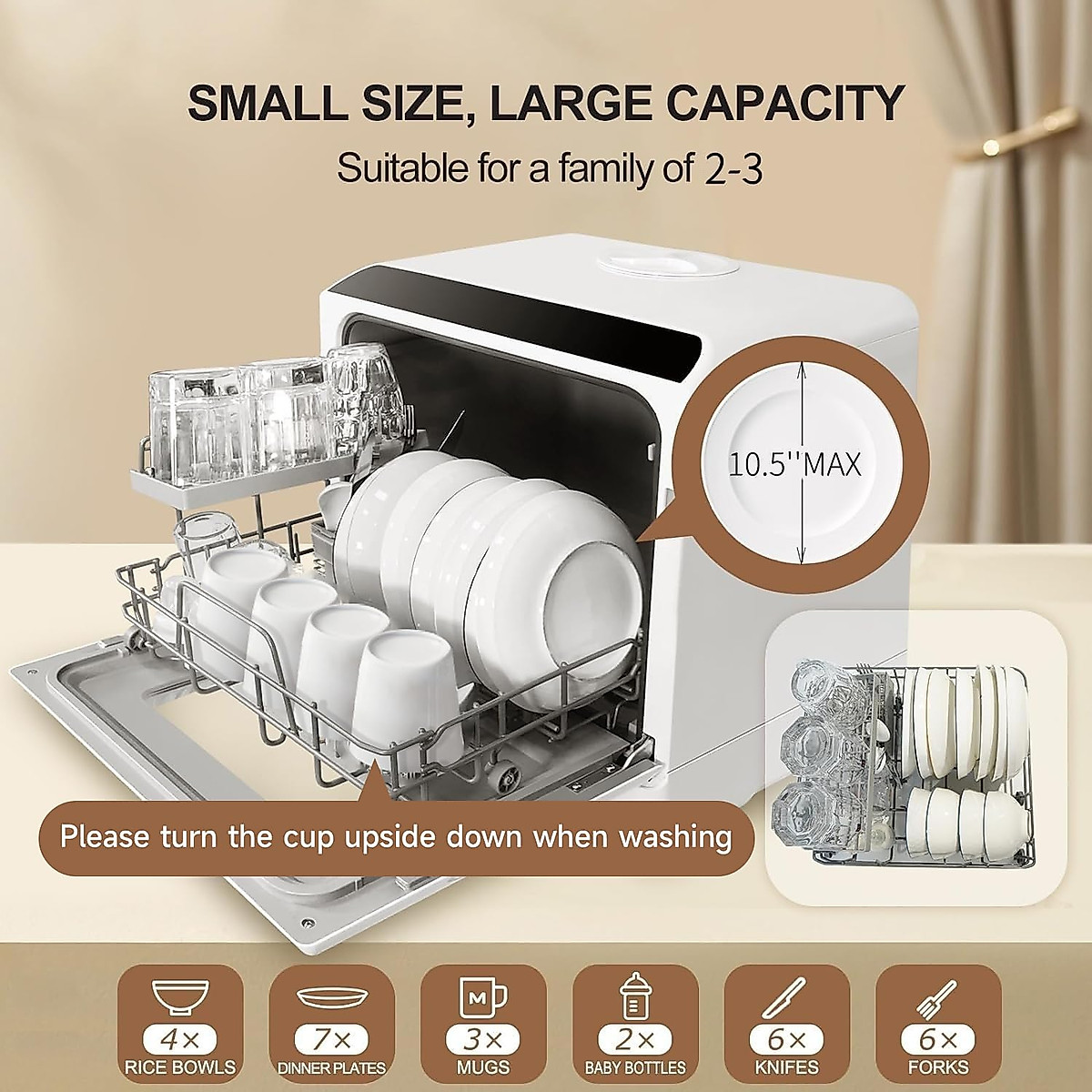 ChuMaste countertop dishwasher, portable dishwasher with water tank, 5 wash programs, leak-proof and can also be connected to the tap. For apartments, dorms, offices, boats, RVs, kitchenettes.
