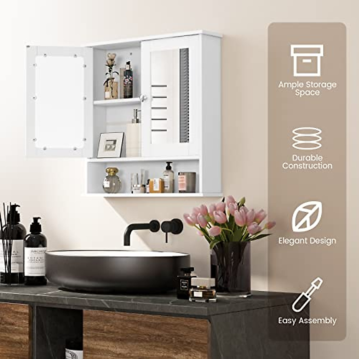 COSTWAY Bathroom Cabinet Wall Mounted - Over The Toilet Wall Storage Cabinet with 2 Mirror Doors and Adjustable Shelf, Hanging Medicine Cabinet for Bathroom, Living Room, Kitchen (White)