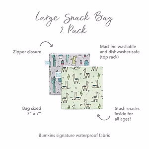 Bumkins Sandwich Bag / Snack Bag, Reusable Fabric, Washable, Food Safe, BPA Free, 7x7 - Cactus & Llama (2-Pack)