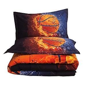 A Nice Night Basketball Print,with Fire and Ice Pattern, Comforter Quilt Set Bedding Sets, for Boys Kids Teen (Basketball, Full)