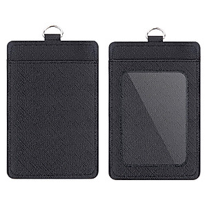 2 Pack Badge Holders and Heavy Duty Retractable Reel Clips Set, Vertical Leather ID Badge Holders with 1 Clear ID Window & 2 Credit Card Slots (Black-2pcs)')