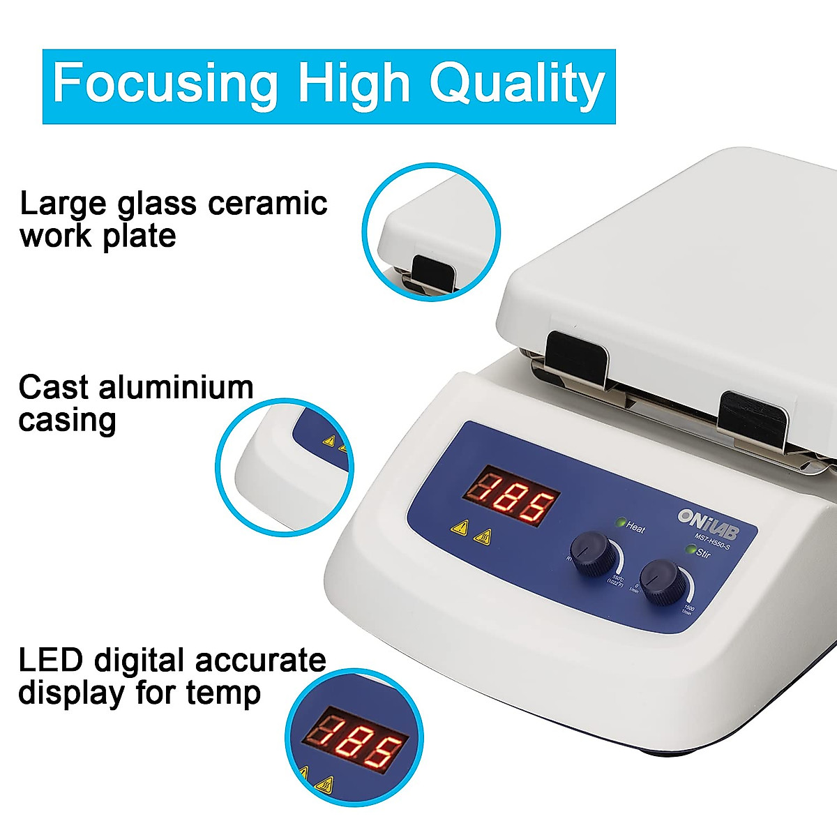ONiLAB 8050122211 550C Magnetic Hotplate Stirrer Max Heating Temperature to 550℃ Speed 1500rpm, White, Glass Ceramic