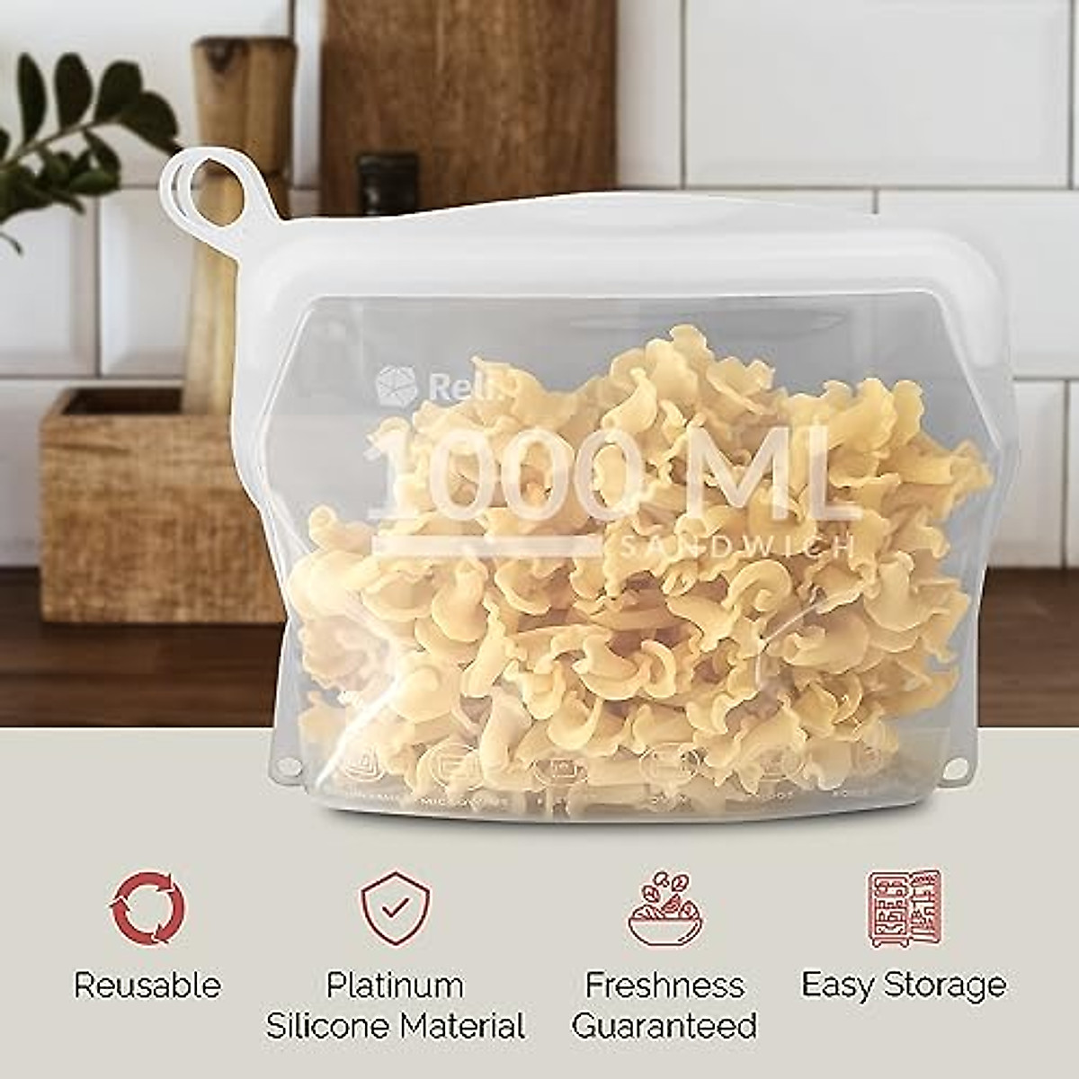 Reli. Reusable Silicone Bag (1 Pack) | Sandwich (1000 ml), Clear | Silicone Bag for Food Storage | Reusable Food Storage Bag for Food, Meal Prep, Storage | Leak-Proof, Dishwasher/Freezer Safe
