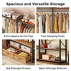 Tribesigns Freestanding Wood Garment Racks, Clothing Rack with Shelves and Drawers, Heavy Duty Metal Clothing Rack, Closet Organizer for Bedroom Walk-in Wardrobe