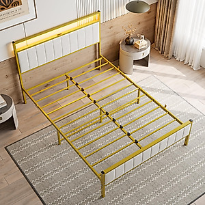 Full Size Bed Frame with Headboard & LED Lights,Upholstered Platform Bed Frame Full Size with Charging Station,Heavy Duty Velvet Bed Frame,No Box Spring Need,Noise Free,Easy Assembly,White