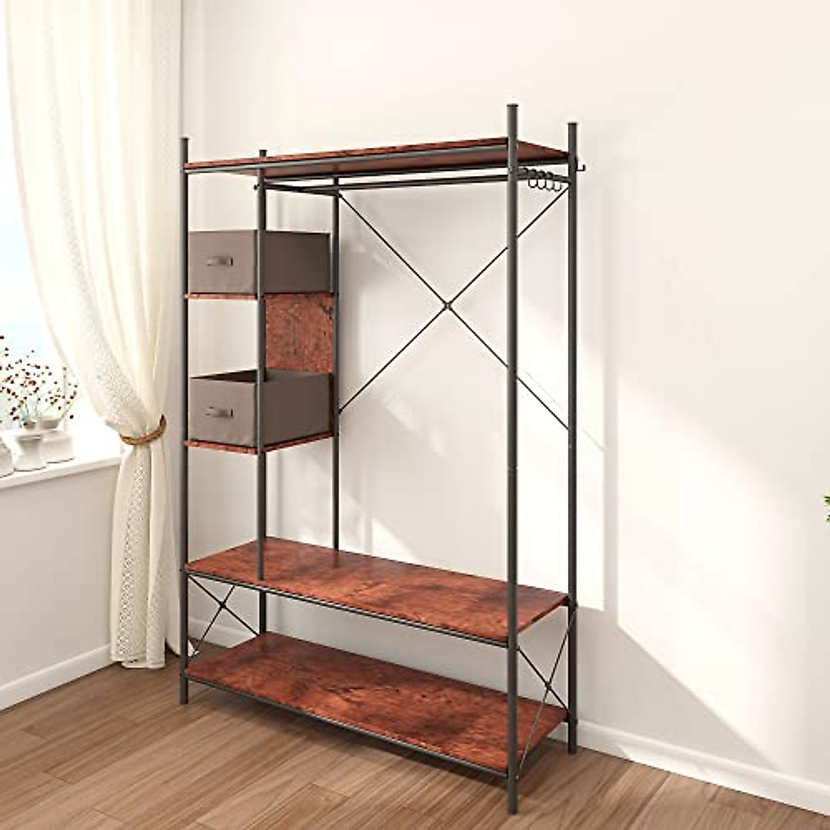 Ama Maker Metal Clothes Garment Rack With Shelves Heavy Duty Hanging Rod Free Standing Closet Rack and Shelving Black With Wood Board Wardrobe