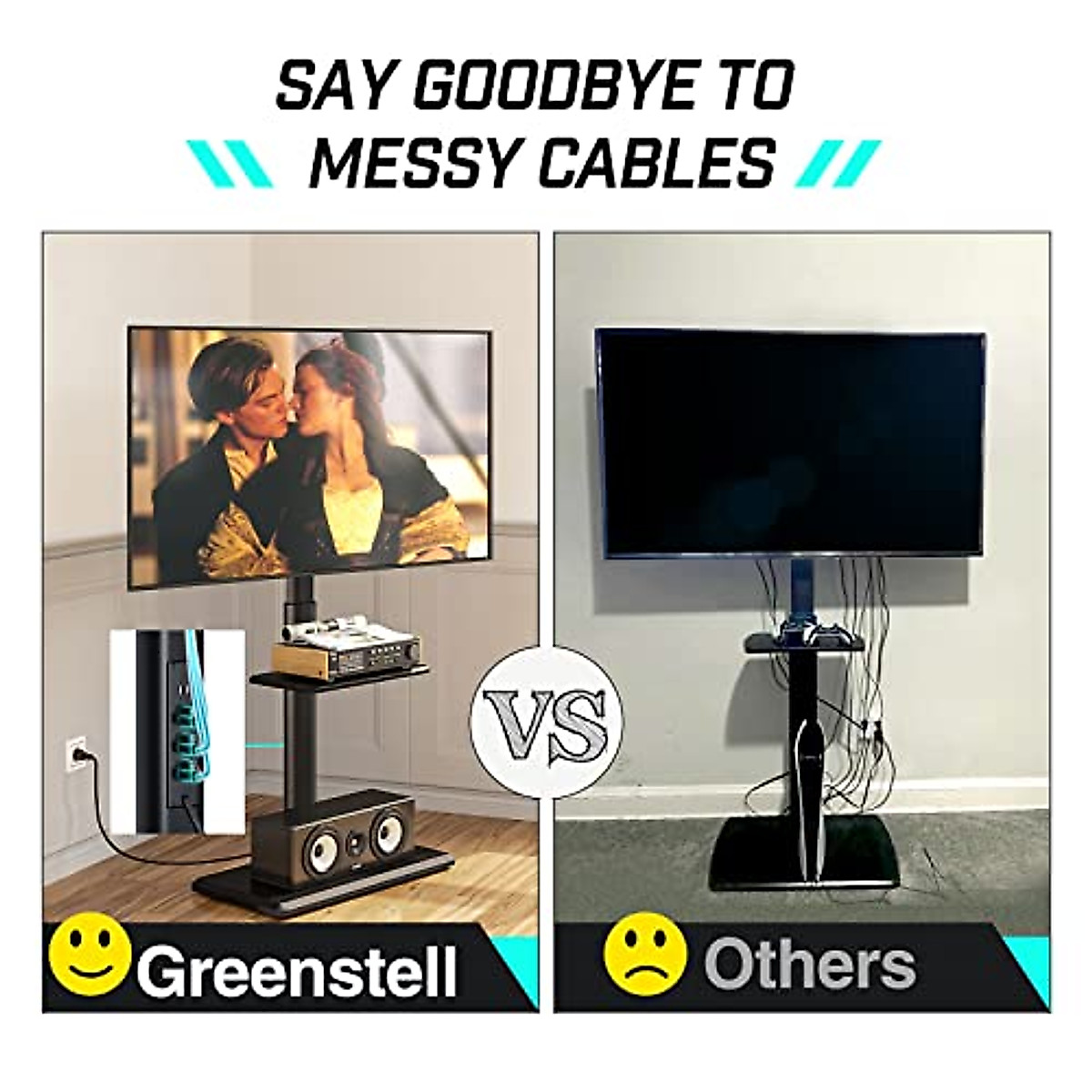 Greenstell TV Stand with Power Outlet & AV Shelf, Universal Floor TV Stand for 32-70 inch TV, Swivel Tall TV Stand, Holds up to 110 LBs,Height Adjustable and Soild Wood Base, Max VESA 600x400mm,Black