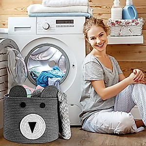 4 Pieces Cotton Rope Bear Animal Basket 2 Sizes Cute Bear Basket with Handles Cotton Rope Storage Basket Foldable Woven Storage Basket Baby Laundry Hamper Nursery Bins for Toys, Blanket, Clothes