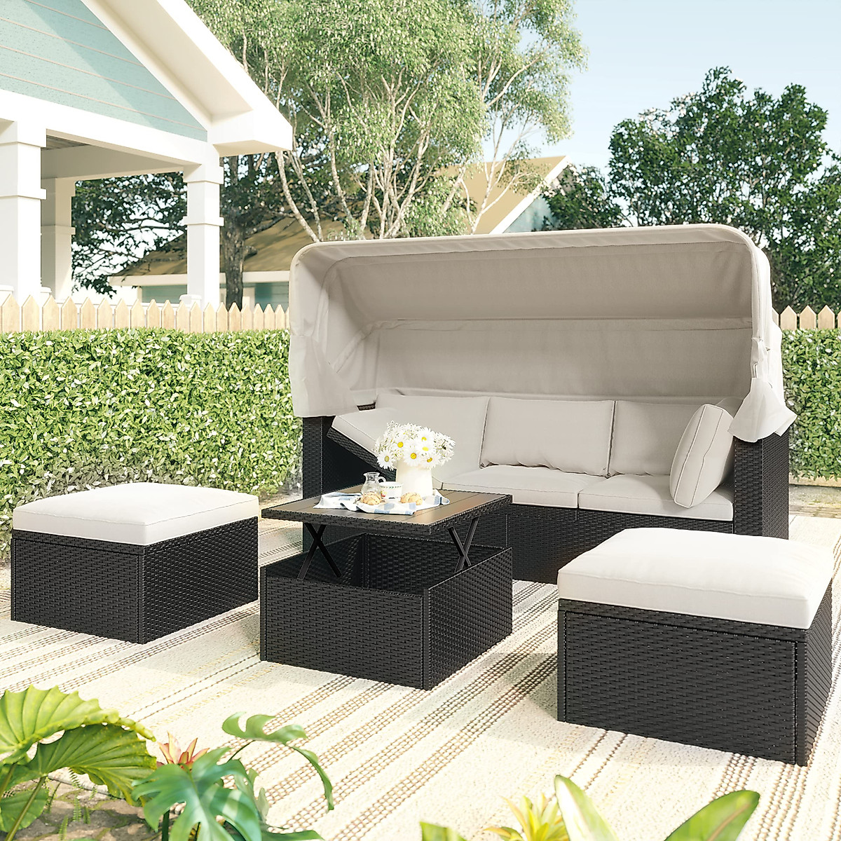 Merax 4 PCS Outdoor Patio Conversation Sets PE Wicker Sectional Sofa Rattan Daybed with Canopy, Lift Top Table, and Ottomans, Beige(New)