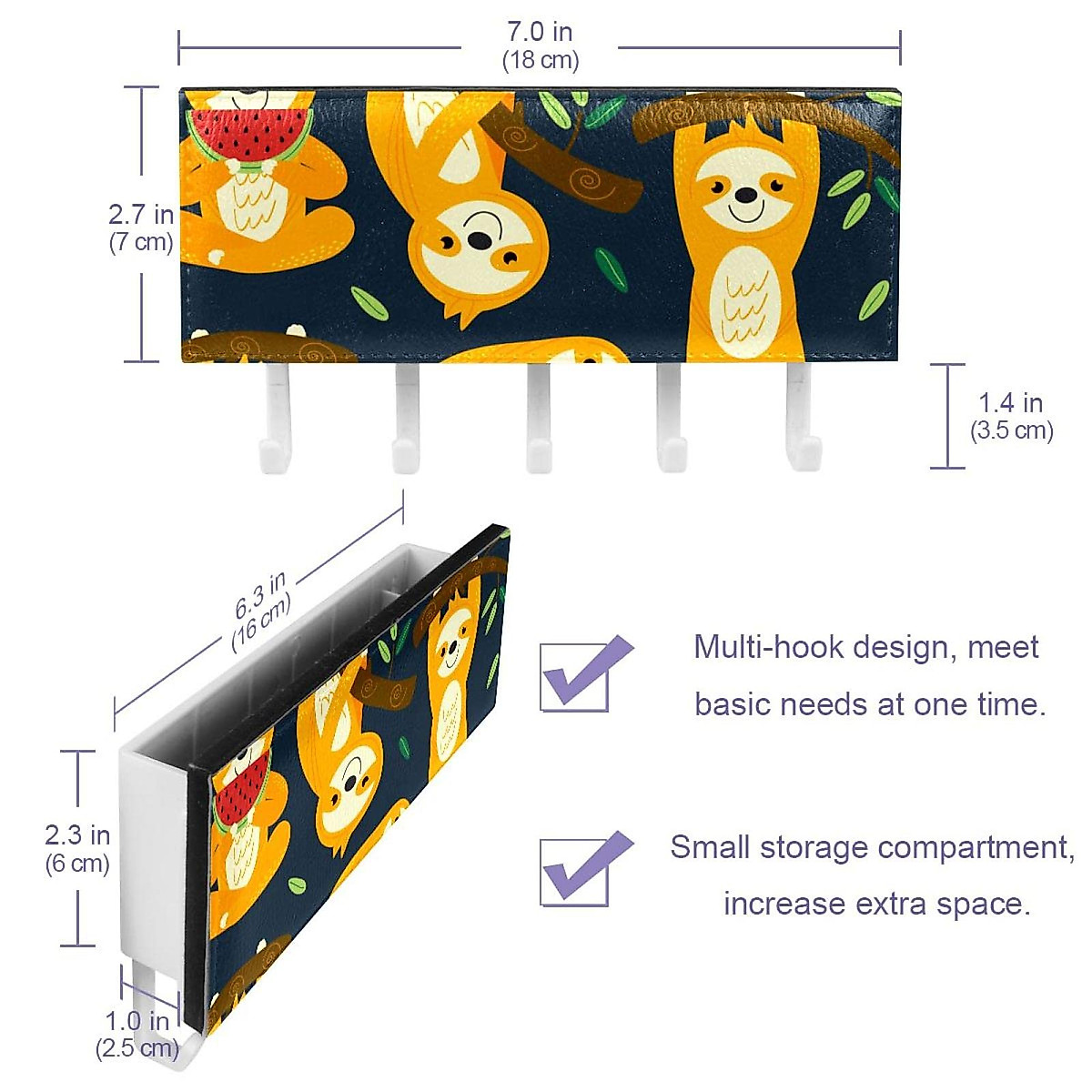 Cute Baby Sloth Sleep on The Tree Key Holder for Wall with Mail Organizer, Self Adhesive Key Rack with 5 Hooks, Decorative Home Decor for Entryway Bathroom Kitchen