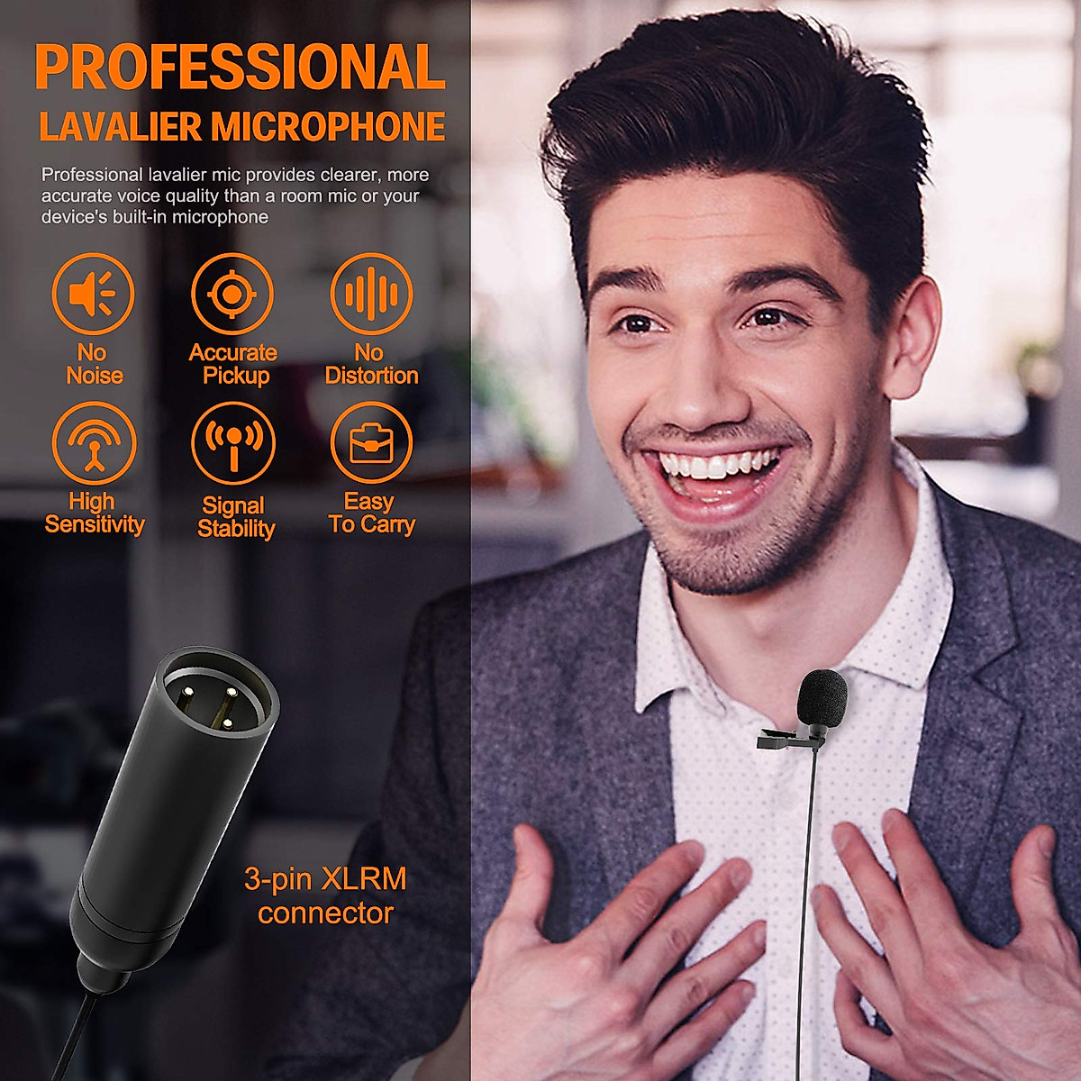 Tendak XLR Lavalier Microphone, Omnidirectional Lapel Mic, Phantom Power with Metal Lapel Clip and Windscreen Accessories Compatible with Canon Sony Panasonic Camcorders for Interview YouTube