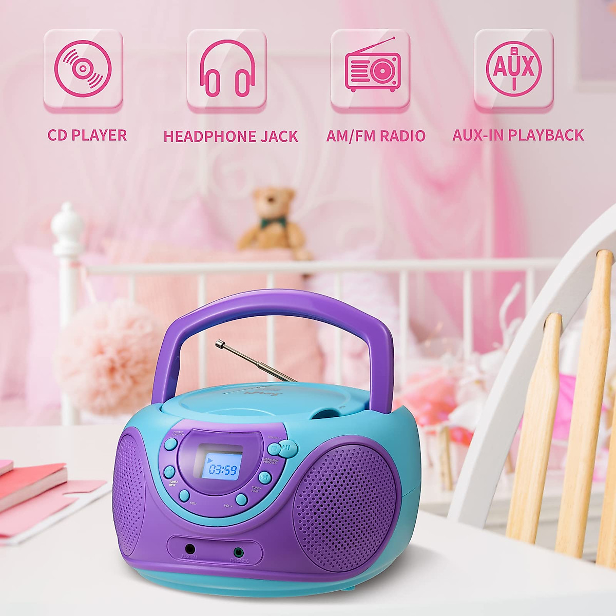hPlay Gummy P16 Portable CD Player Boombox AM FM Digital Tuning Radio, Aux Line-in, Headphone Jack, Foldable Carrying Handle (Violet)