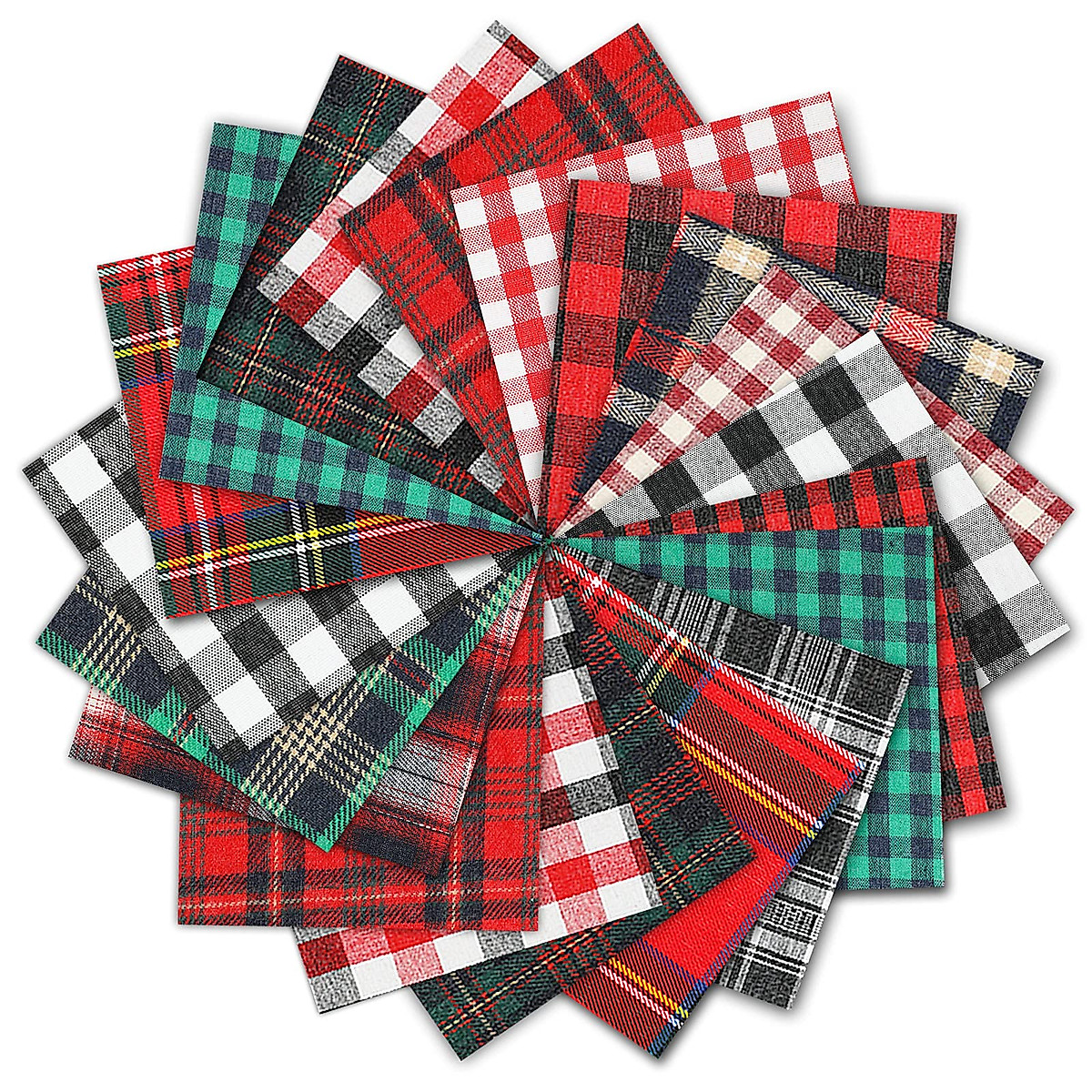 Whaline 30Pcs Christmas Plaid Fabric Squares Buffalo Check Cotton Fabric Squares Red Green Black White Quilting Fabric Patchwork 15 Design Precut Quilt Charm Squares for DIY Art Craft Sewing, 5 x 5"