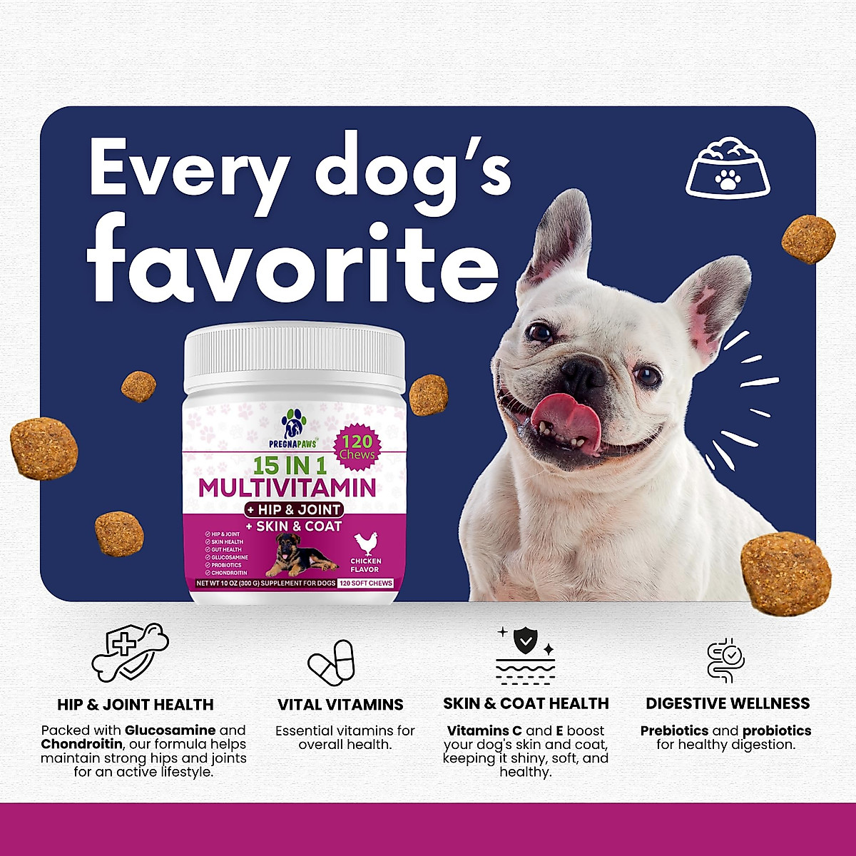 Dog Multivitamin with Vitamin C and E for Skin & Coat + Immune Health - 120ct - Glucosamine Chondroitin for Hip and Joint Support - Probiotics for Healthy Gut Flora - Postnatal Support