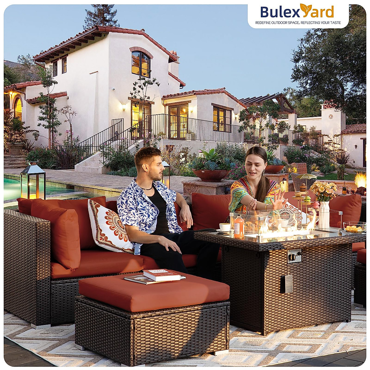 BULEXYARD High Back Brown PE Rattan Outdoor Patio Furniture Set with Propane Fire Pit Table, Large Wicker Outside Sectional Furniture Sofa Conversation Sets for Backyard(Dark Red, 9Pcs-B)