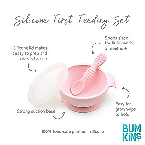 Bumkins Suction Silicone Baby Feeding Set, Bowl, Lid, Spoon, BPA-Free, First Feeding, Baby Led Weaning - Pink(Pack of 1)