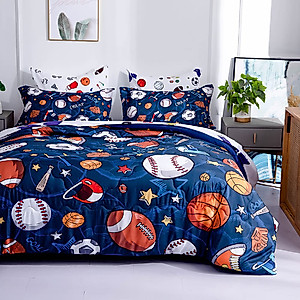 Wajade Sports Comforter Set Bed in A Bag Full Size 7 Piece 3D Soccer Basketball Baseball Football Bedding Set for Kids Boys (1 Comforter, 1 Flat Sheet, 1 Fitted Sheet, 2 Pillowcase and 2 Pillow Sham)