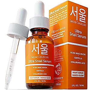 SeoulCeuticals Korean Skin Care 97.5% Snail Mucin Serum – Korean Beauty Skincare Night Serum Hyaluronic Acid for Face Contains K Beauty Snail + Centella Asiatica - Potent Anti Wrinkle Serum 1oz