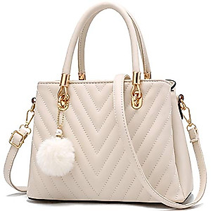 Womens Fashion Leather Handbags Quilted Purses Top-handle Totes Satchel Bag for Ladies Shoulder Bag for Girls with Pompom White