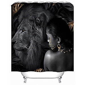 hipaopao African Woman and Lion Grey Shower Curtain Set with Non-Slip Rugs and Toilet Lid Cover Wildlife Safari Theme Fabric Shower Curtain Bathroom Decor with Hooks Waterproof Washable 72" x 72''