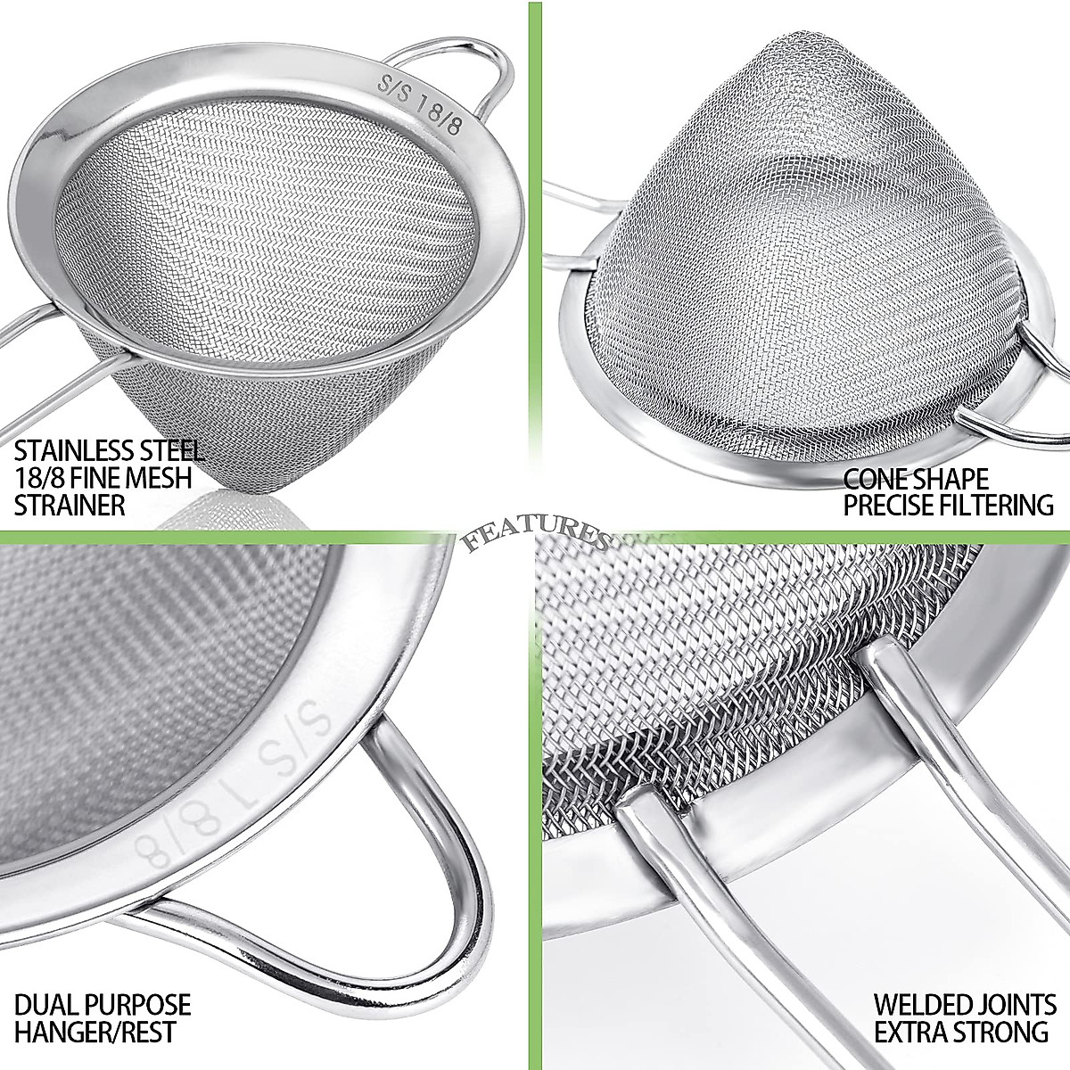 2 Pack Stainless Steel 18/8 Small Food Strainer, Fine Mesh Sieve with Long Handle, Cocktail Strainer For Cocktails, Tea Herbs, Coffee & Drinks, Rust Proof & Great as Tea Strainer, 3.5inch