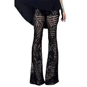 XBTCLXEBCO Sequin Bell Bottoms for Women Glitter High Waist Wide Leg Palazzo Pants Casual Sparkle Flared Trousers Disco Pants (Black, X-Large)