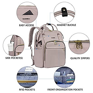 VANKEAN 15.6-16.2 Inch Laptop Backpack Carry On Backpack for Women Computer Work Backpack, Water Proof College Daypack Backpacks with USB Port RFID Pocket, Business Travel Backpack, Light Dusty Pink