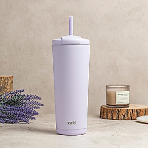 Zak Designs Beacon Straw Tumbler for Travel or At Home, 24oz Stainless Steel with Vacuum Insulated and Non-Skid Base (Smoky Lilac Purple)