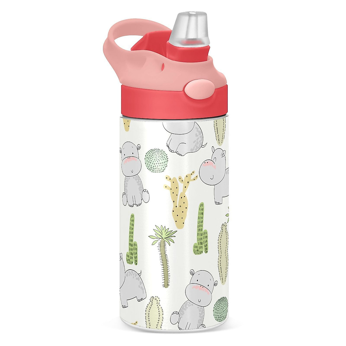 ALAZA Cute Cactus Hippo Kids Water Bottles with Lids Straw Insulated Stainless Steel Water Bottles Double Walled Leakproof Tumbler Travel Cup for Girls Boys Toddlers 12 oz / 350 ml,Pink