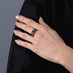 Jewelili Enchanted Disney Fine Jewelry Black Rhodium over Sterling Silver 8x6 MM Cushion Shape Amethyst and 1/5 Cttw Treated Black Round Diamond Ursula Ring, Size 7