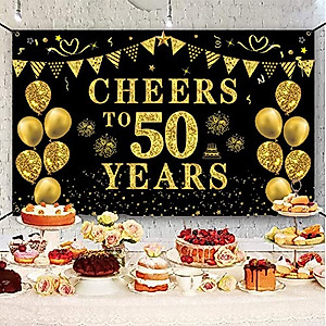 Trgowaul 50th Birthday/Anniversary/Wedding Decorations for Women Men, Cheers to 50 Years Banner, Black and Gold 50th Birthday Backdrop, 50 Bday Decorations Party Banner Photography Supplies Background