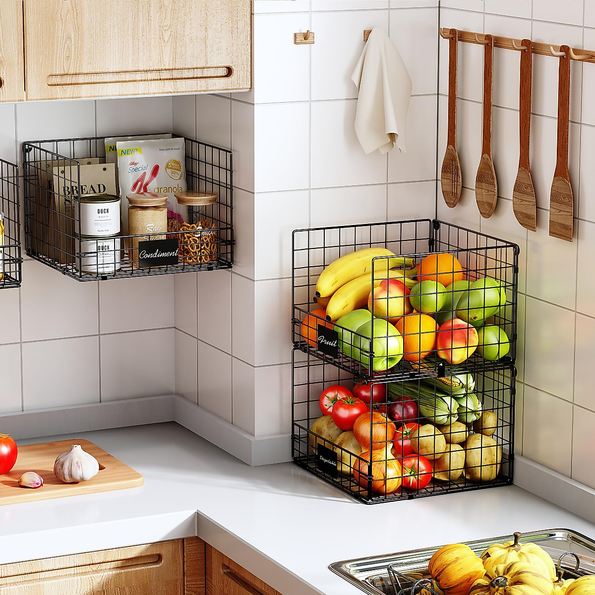 Jautokerdar 5-Tiers Stackable Wire Storage Baskets for Pantry, Fruit and Vegetable Storage Basket for Kitchen, Metal Hanging Closet Organizers Storage Shelves Organization. (Black)