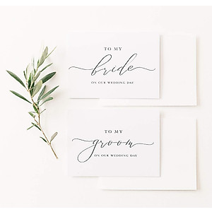 To My Bride To My Groom On Our Wedding Day Card 4x5.5 Folded White Card with Black Caligraphy with Gold Foil Lined Envelopes 2 Card Set Vow Cards Elegant Minimalist Style Wedding Cards